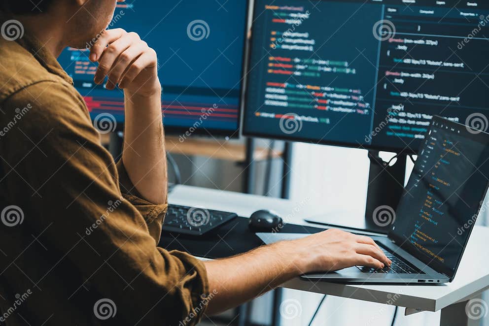 It Developer Working Online Software Development Coding on Pc Screens ...