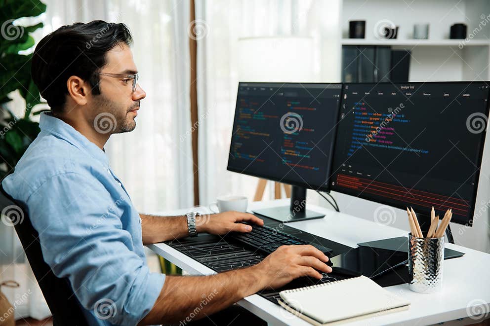 Developer Working Software Development Coding Two Computer Code Screen. Surmise. Stock Photo ...