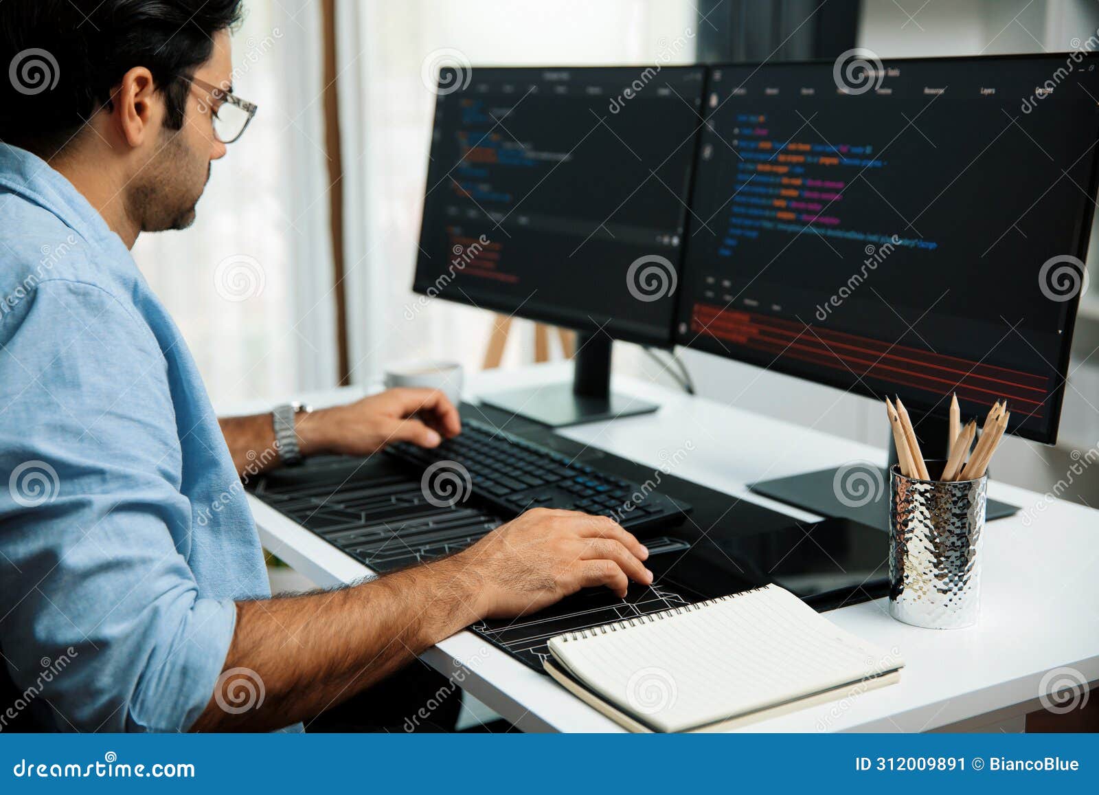 Developer Working Software Development Coding Two Computer Code Screen Surmise Stock Image