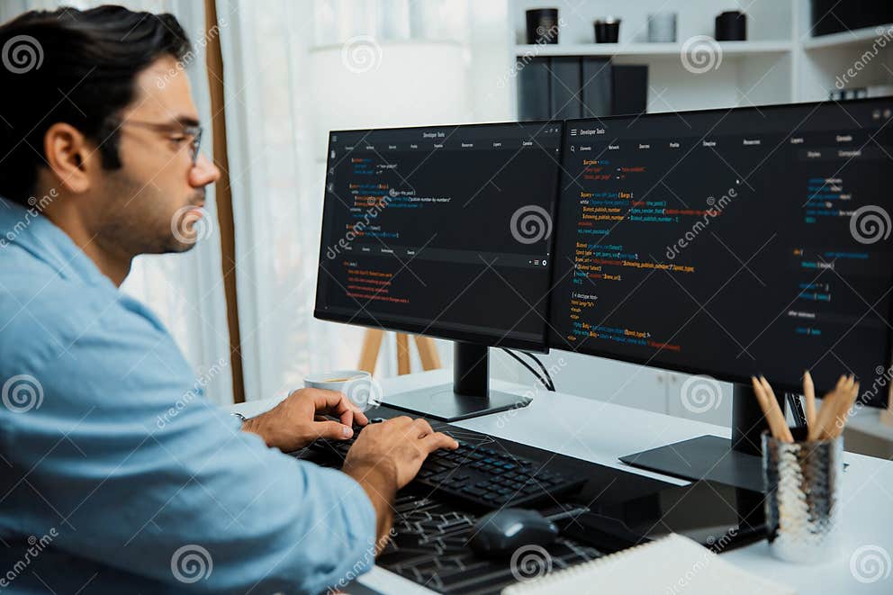 Developer Working Software Development Coding Two Computer Code Screen
