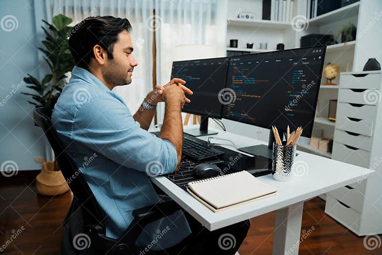 Developer Working Software Development Coding Two Computer Code Screen ...