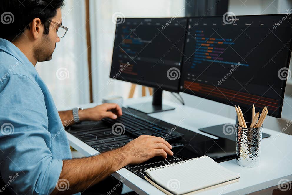 Developer Working Software Development Coding Two Computer Code Screen ...