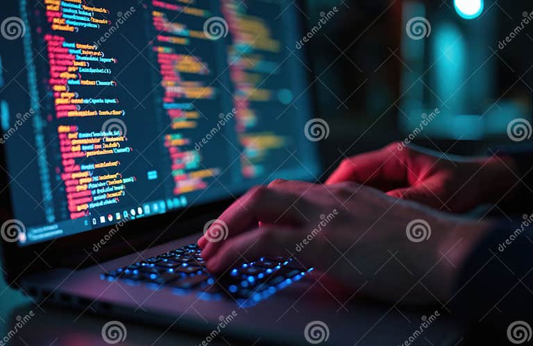 Developer Works with Program Code on Laptop Keyboard in Dark Room ...