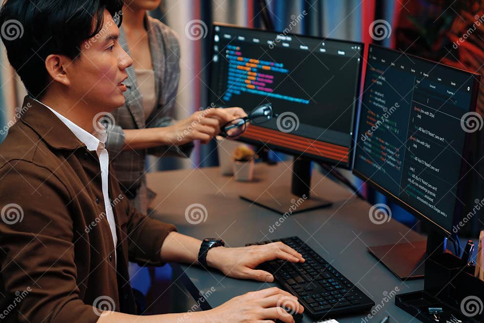 It Developers Discussing with Point Website Coding System. Infobahn. Stock Image - Image of ...