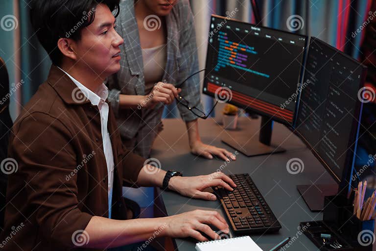 It Developers Discussing with Point Website Coding System. Infobahn. Stock Photo - Image of ...