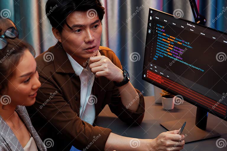 It Developers Discussing with Point Website Coding System. Infobahn. Stock Image - Image of ...