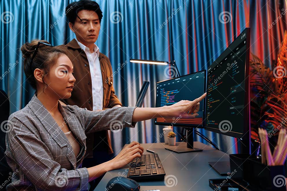 It Developers Discussing with Point Website Coding System. Infobahn. Stock Image - Image of ...