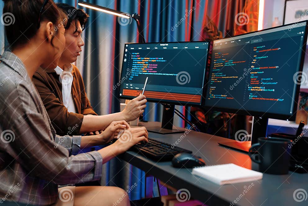 It Developers Discussing with Point Website Coding System. Infobahn. Stock Photo - Image of ...