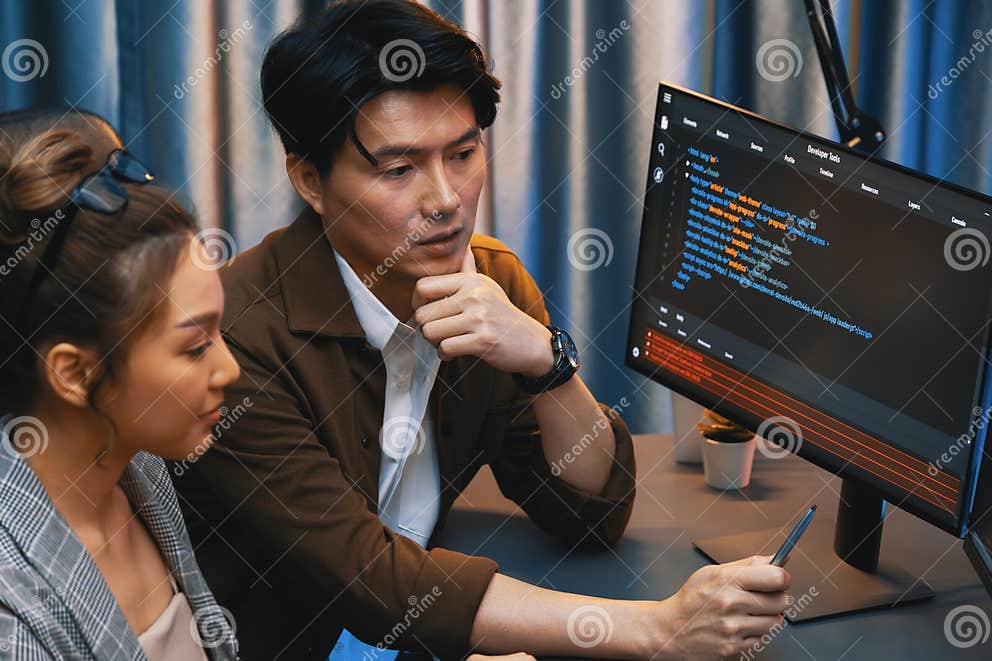 It Developers Discussing with Point Website Coding System. Infobahn. Stock Photo - Image of ...