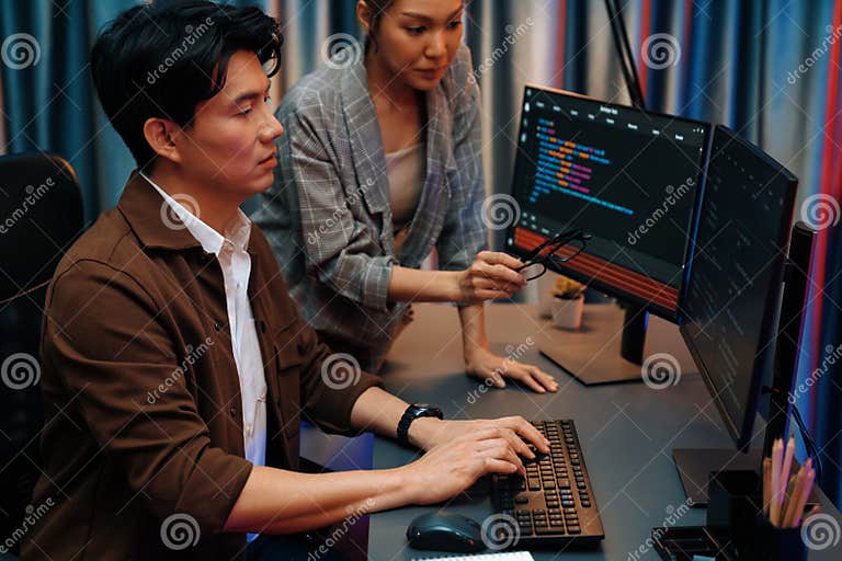 It Developers Discussing with Point Website Coding System. Infobahn. Stock Photo - Image of ...