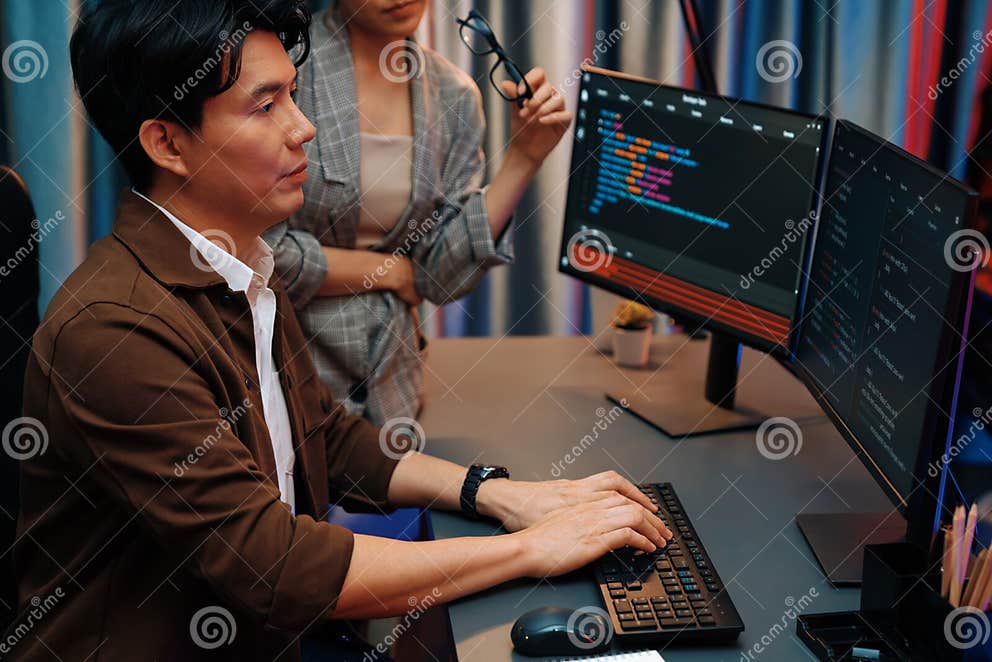 It Developers Discussing with Point Website Coding System. Infobahn. Stock Image - Image of ...
