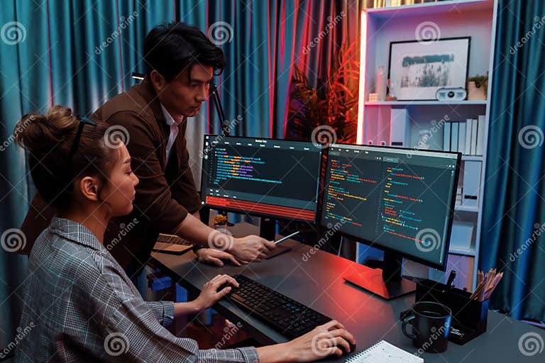 It Developers Discussing with Point Website Coding System. Infobahn. Stock Image - Image of ...