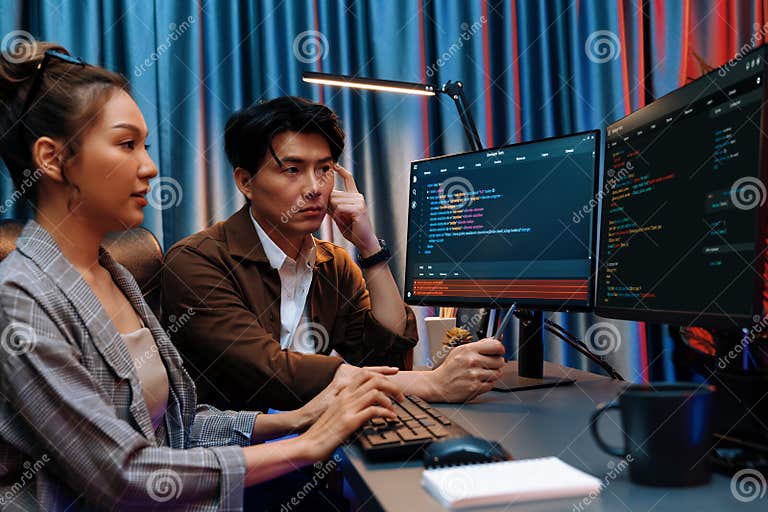 It Developers Discussing with Point Website Coding System. Infobahn. Stock Photo - Image of ...