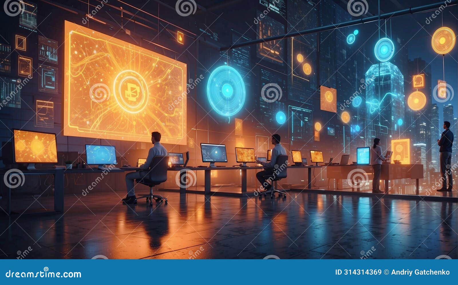 Developers in Office with Big Screens Working on Blockchain Technology ...