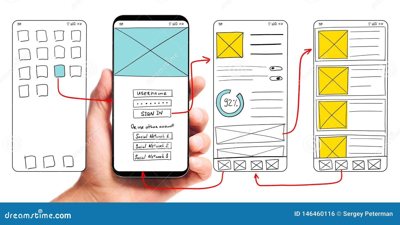 Developing mobile app UI stock photo. Image of holding - 146460116