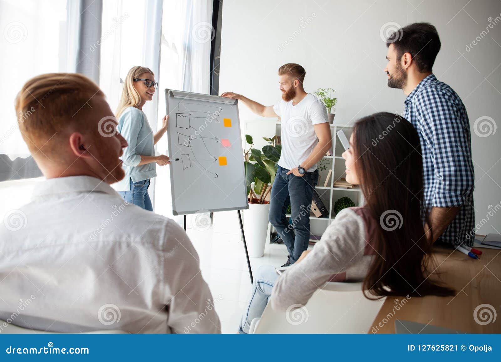 Developing New Strategy. Two Young Colleagues Conducting Presentation ...