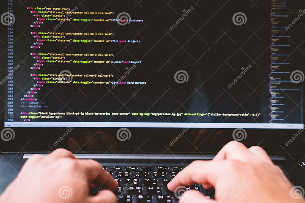 Developing Programming and Coding Technologies on Desk White Blu Stock ...