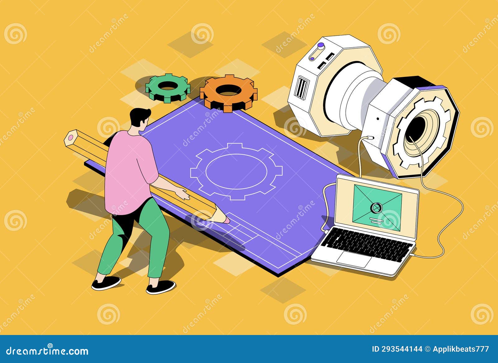 Development Concept in 3d Isometric Design. Man Developer Drawing Gear ...