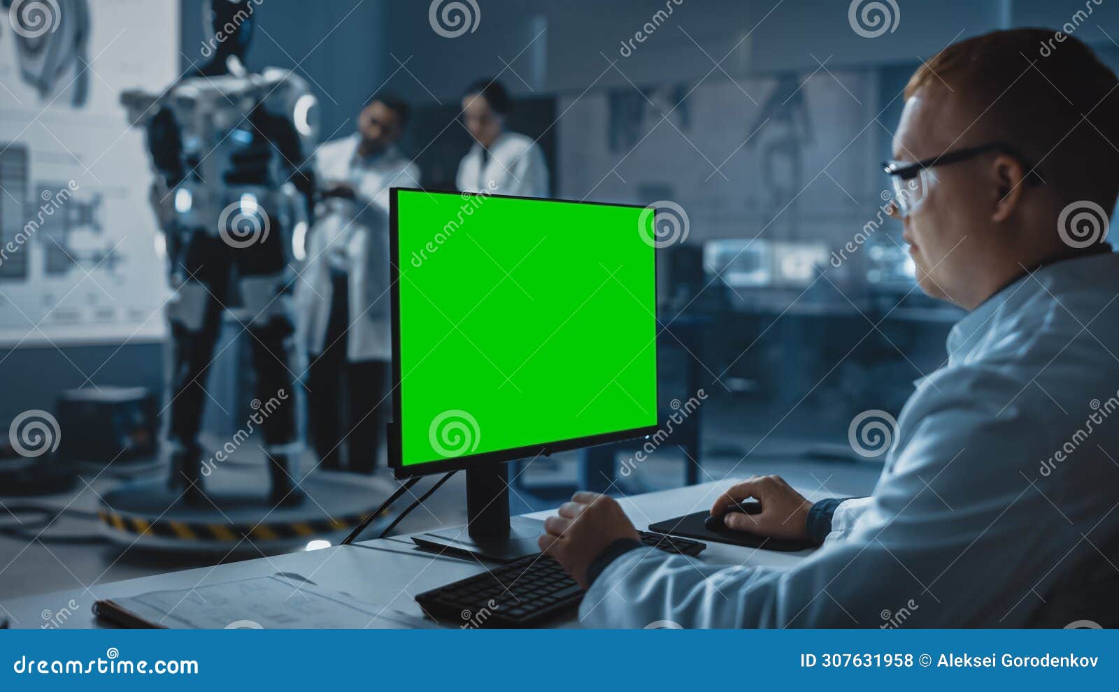 In Development Laboratory: Chief Analyst Uses Computer With Green ...