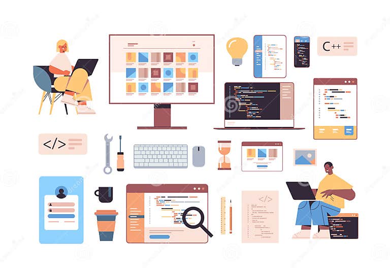 Development Of Software And Programming Icons Set With Web Developers Using Laptops Creating
