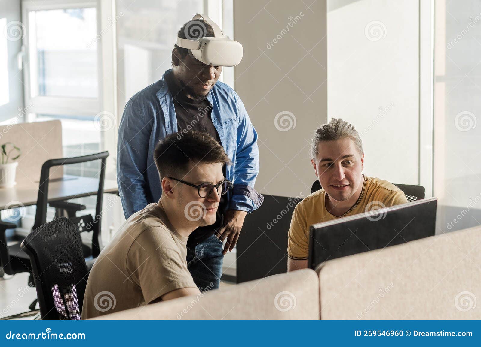 It Development Team Working on VR Project. Black Man Wearing VR Headset ...