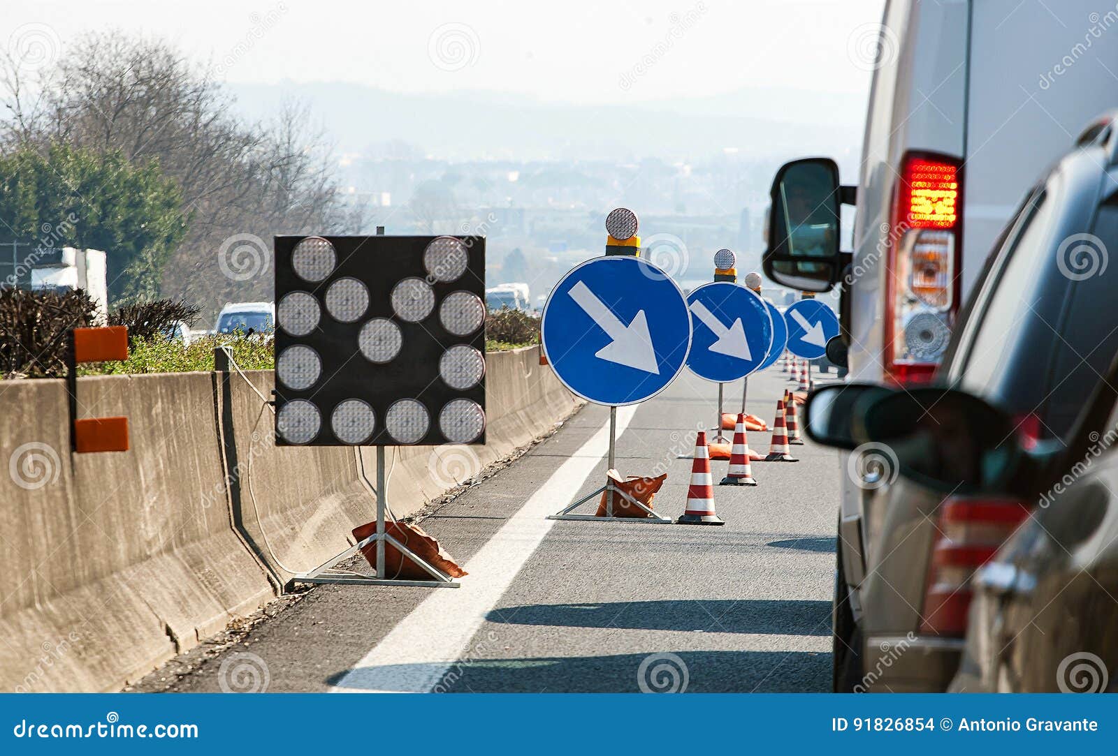 Deviation on the highway. stock photo. Image of arrow - 91826854
