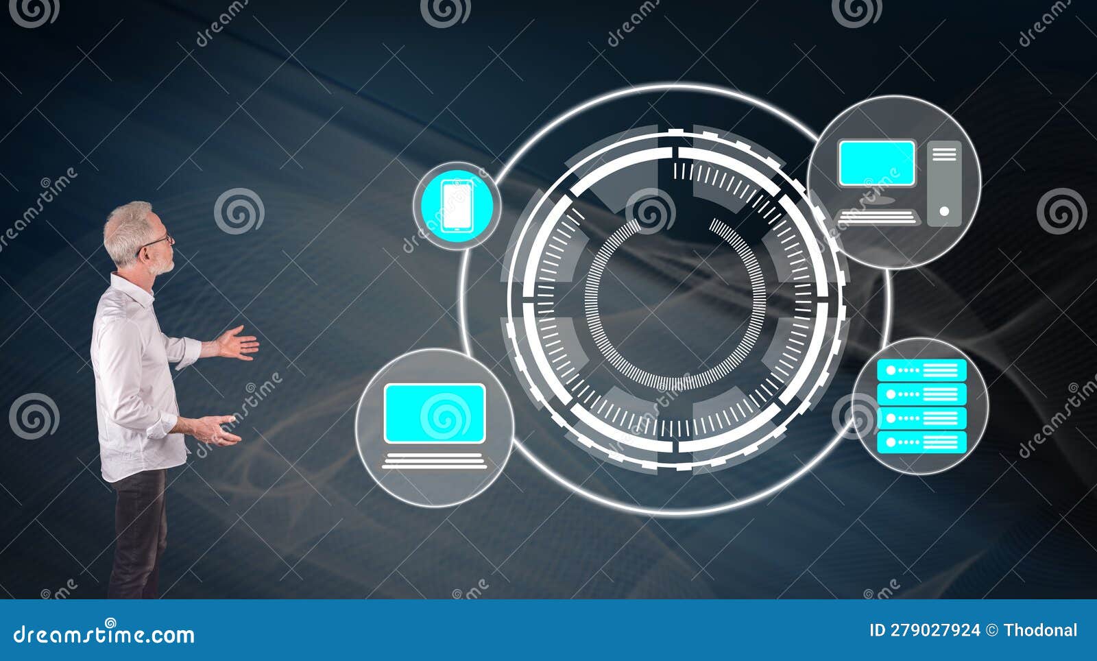 A Devices Connection Concept Explained by a Businessman on a Wall ...