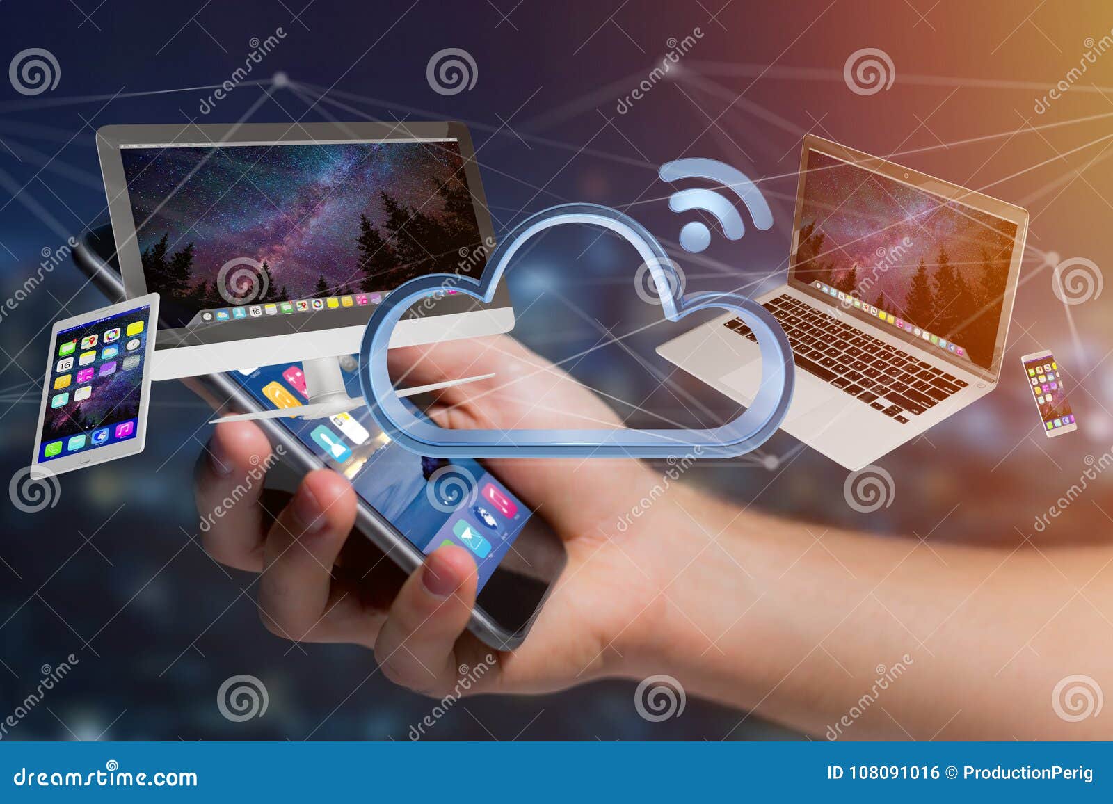 Devices Like Smartphone, Tablet or Computer Flying Over Connected Cloud ...