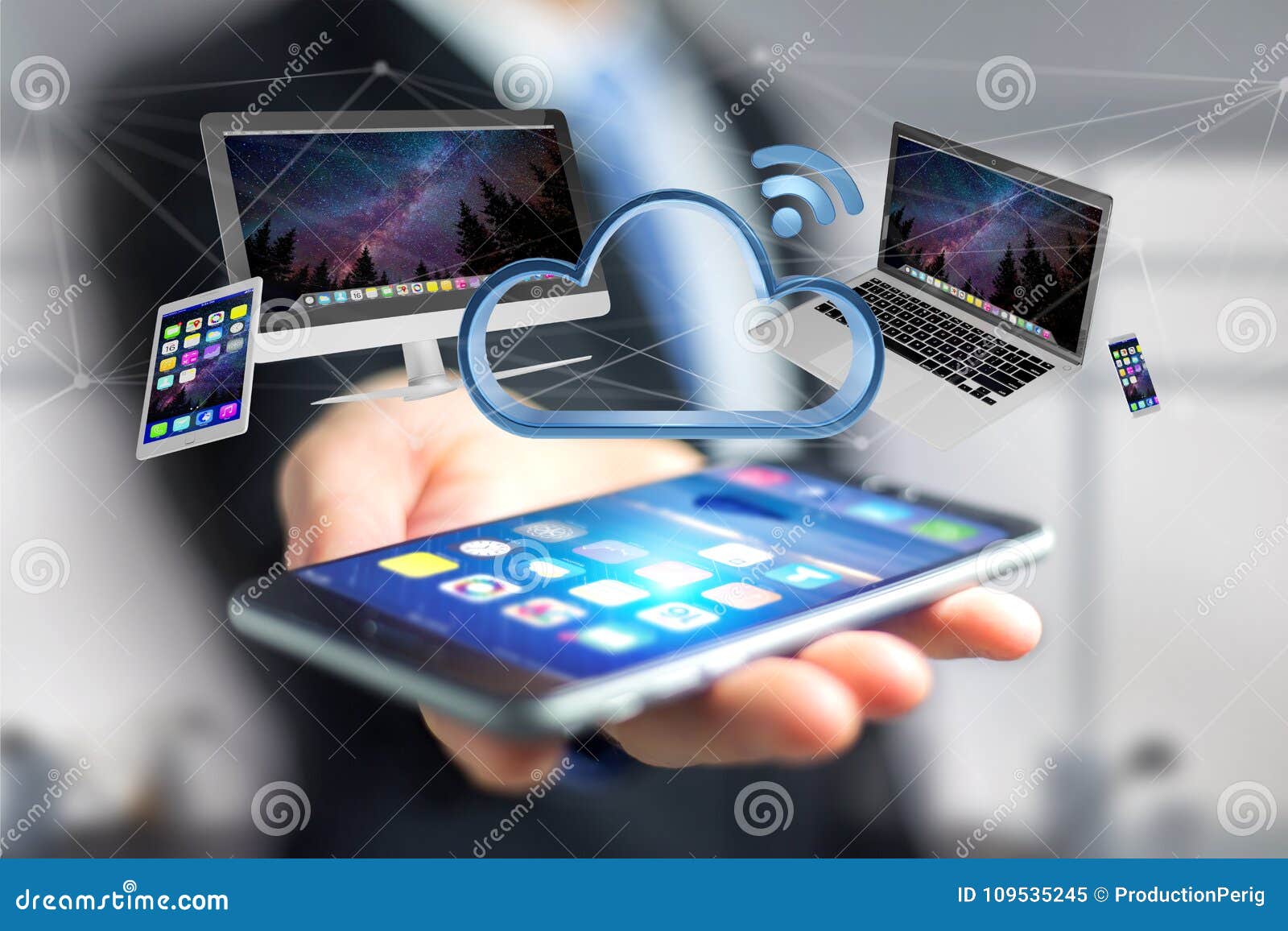 Devices Like Smartphone, Tablet or Computer Flying Over Connected Cloud ...
