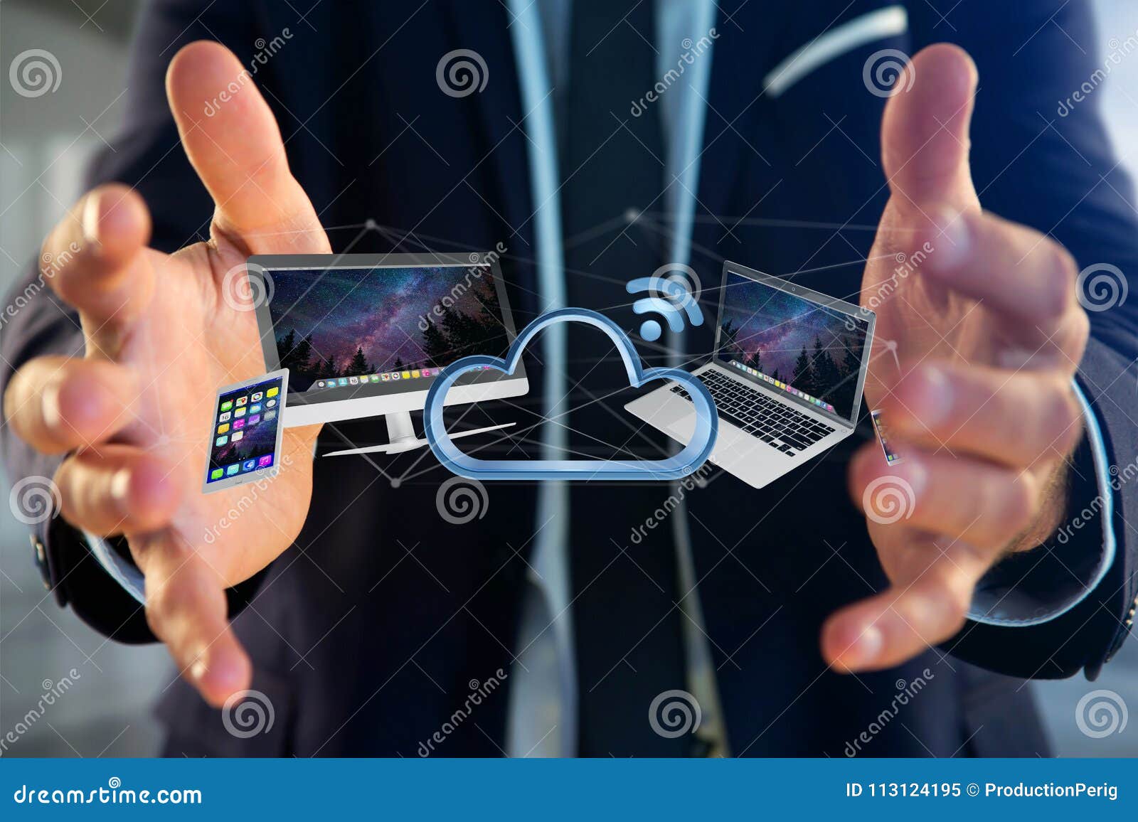 Devices Like Smartphone, Tablet or Computer Flying Over Connected Cloud ...