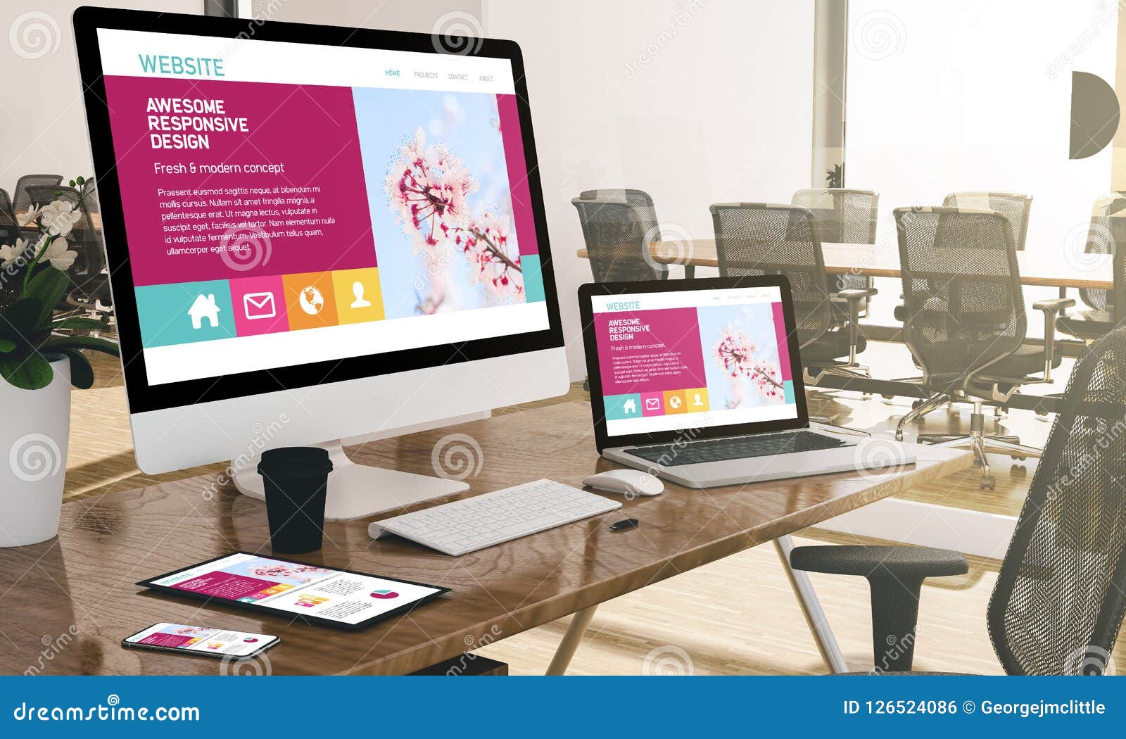 Computer, Laptop, Tablet, and Phone with Fresh Responsive Websit Stock ...