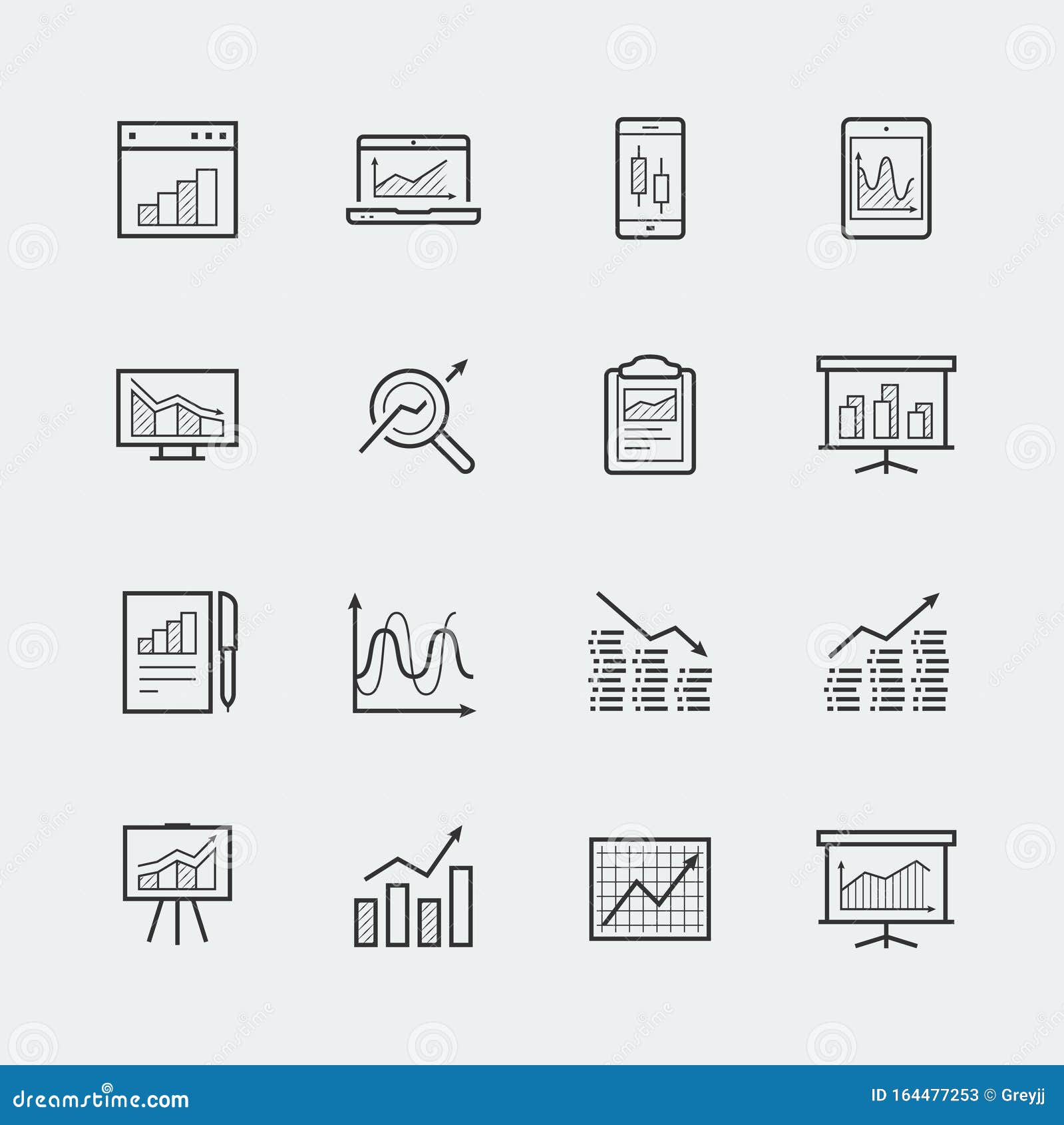 Devices and Objects with Charts and Graphs Icons in Thin Line Style ...
