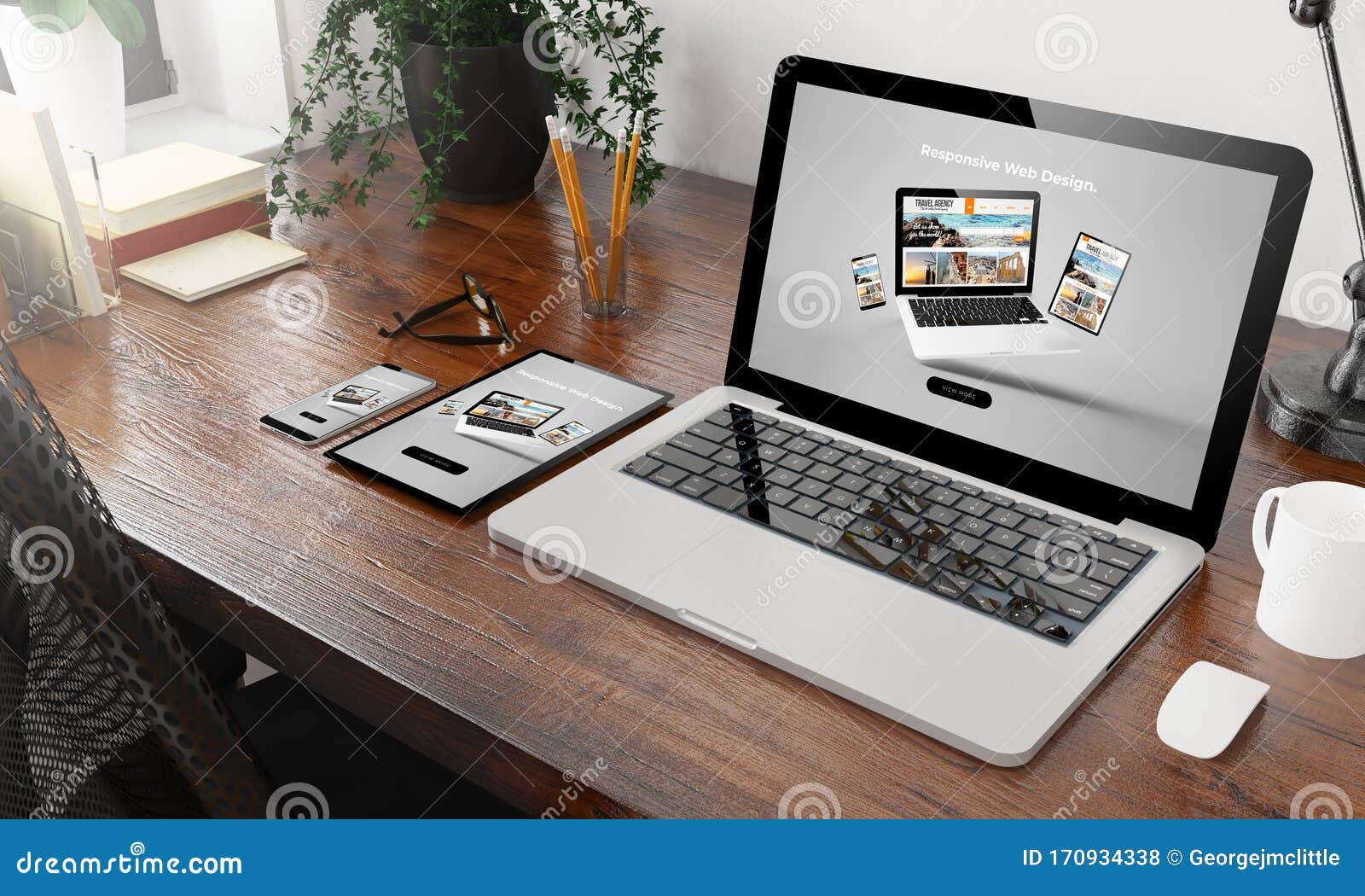 Devices on wooden desktop stock illustration. Illustration of ...