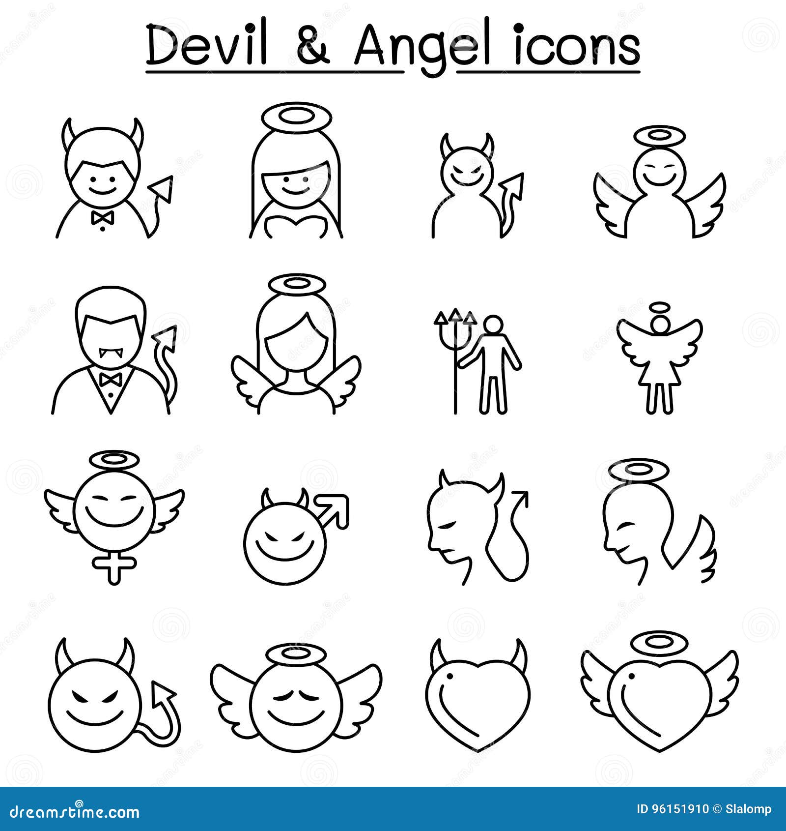 Devil & Angel Icon Set in Thin Line Style Stock Vector - Illustration ...
