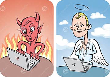 Devil and Angel with Laptop Computer Stock Vector - Illustration of ...