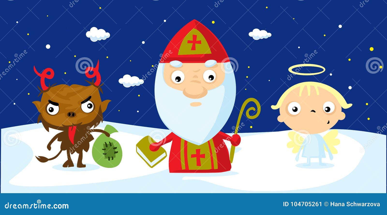 Saint Nicolas With Angel And Devil In Night Countryside With Stars And ...