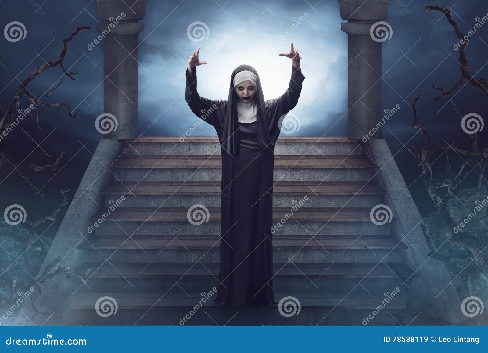 Devil Asian Nun Walks Down the Ruins Stairs Stock Image - Image of ...