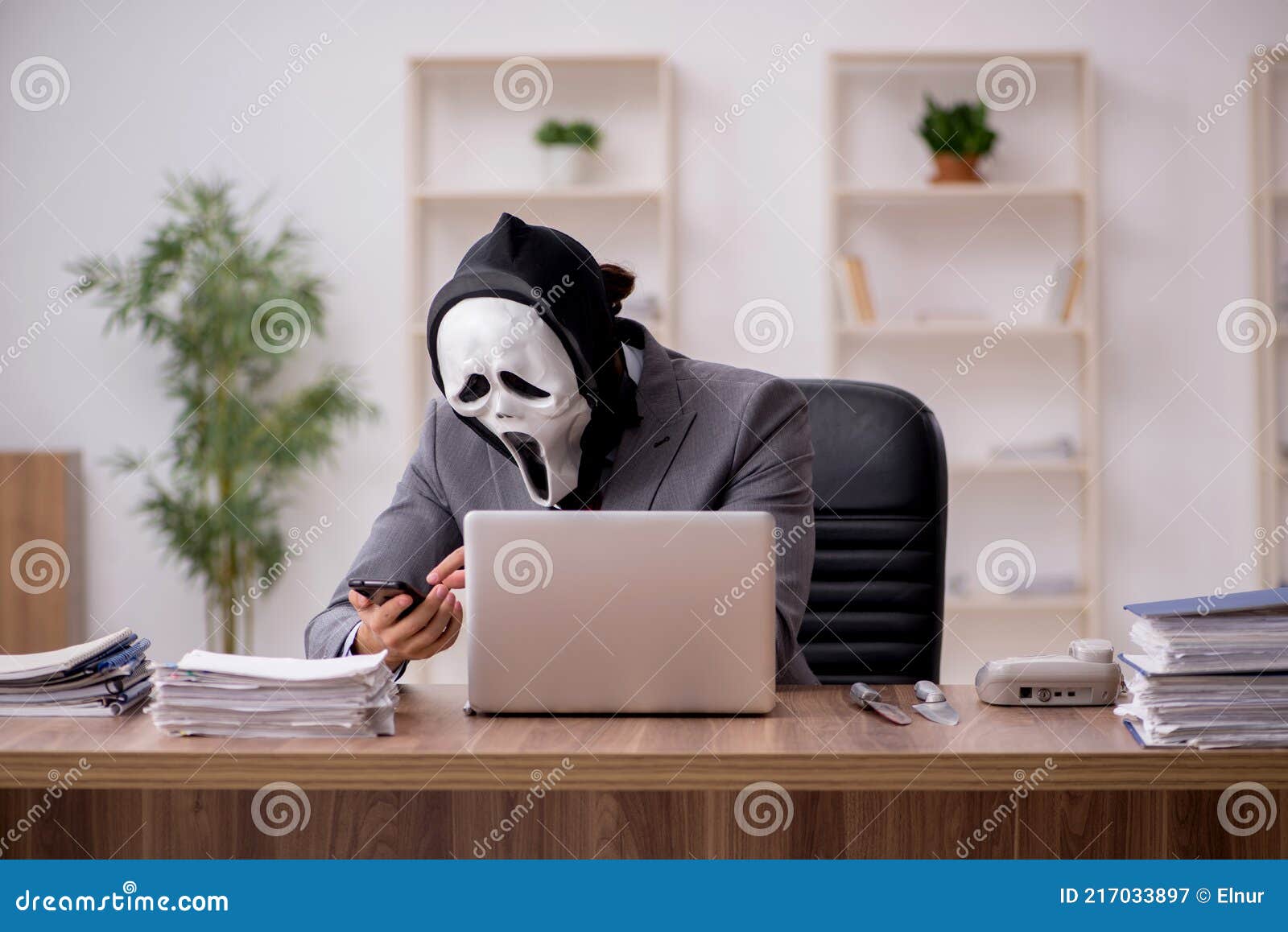 Devil Businessman Employee Sitting at Workplace Stock Image - Image of ...