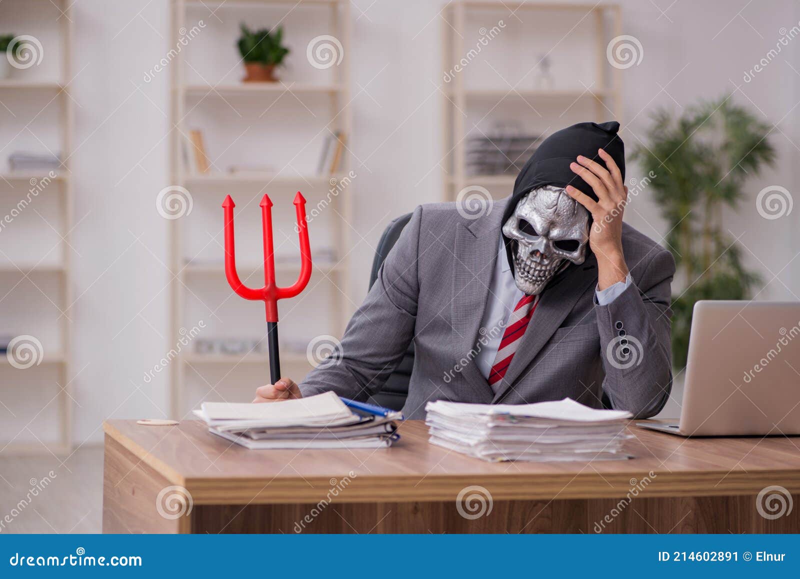 Devil Businessman Employee Sitting at Workplace Stock Image - Image of ...