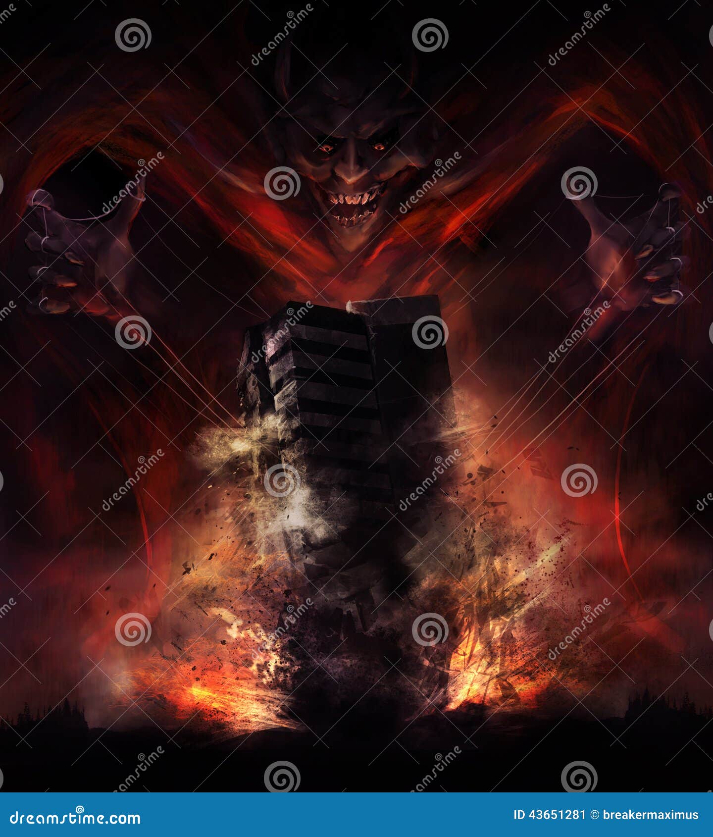 Smiling Devil Destructs Building. Stock Illustration - Illustration of ...