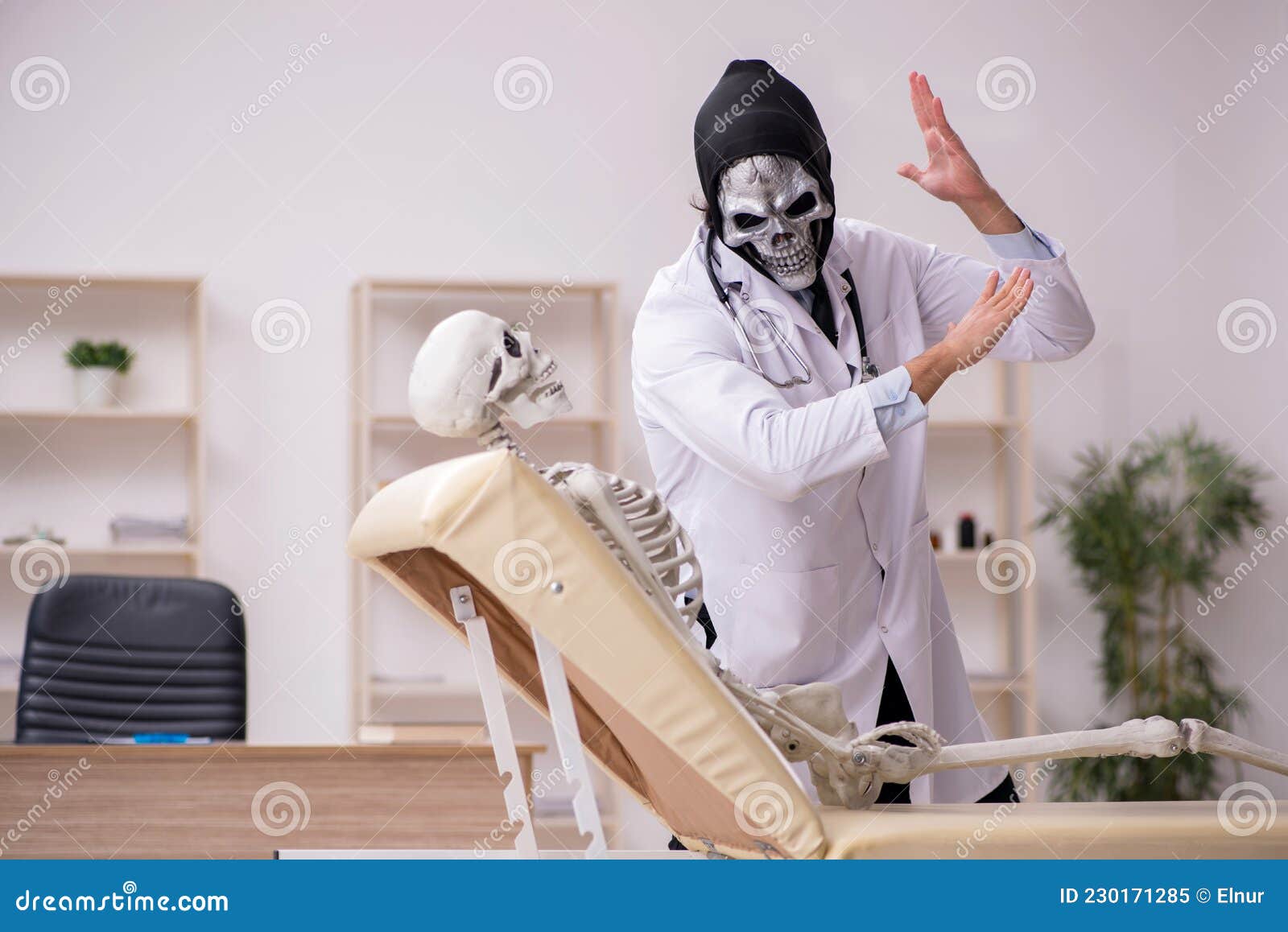 Devil Doctor Examining Skeleton Patient Stock Image - Image of evil ...