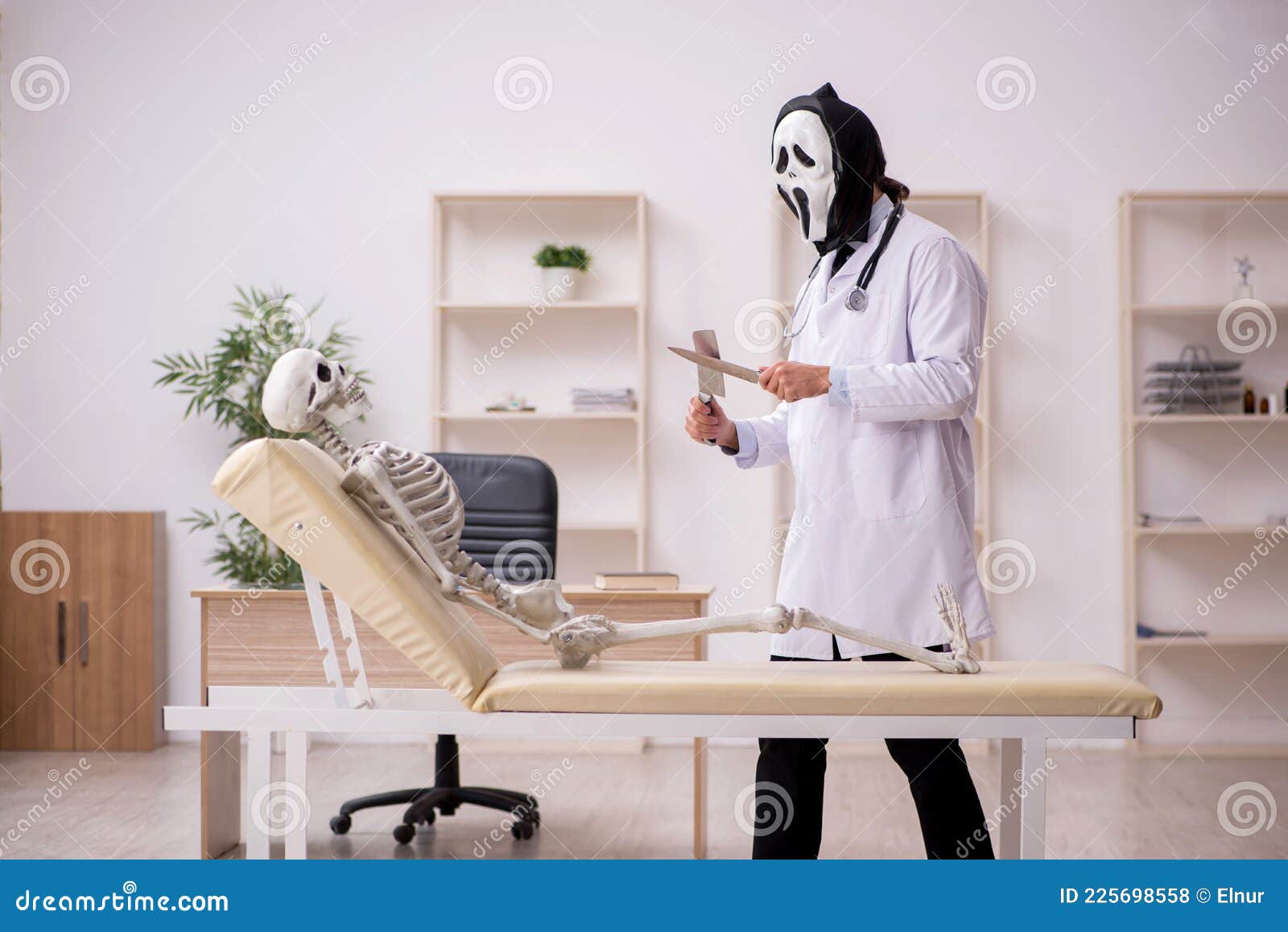 Devil Doctor Examining Skeleton Patient Stock Photo - Image of witch ...