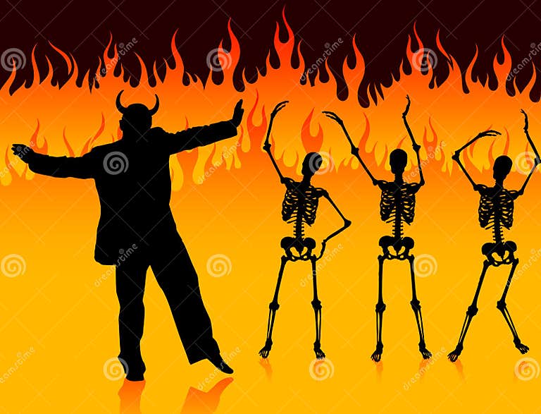 Devil Man Dancing in Hell with Fire and Skeletons Stock Illustration ...