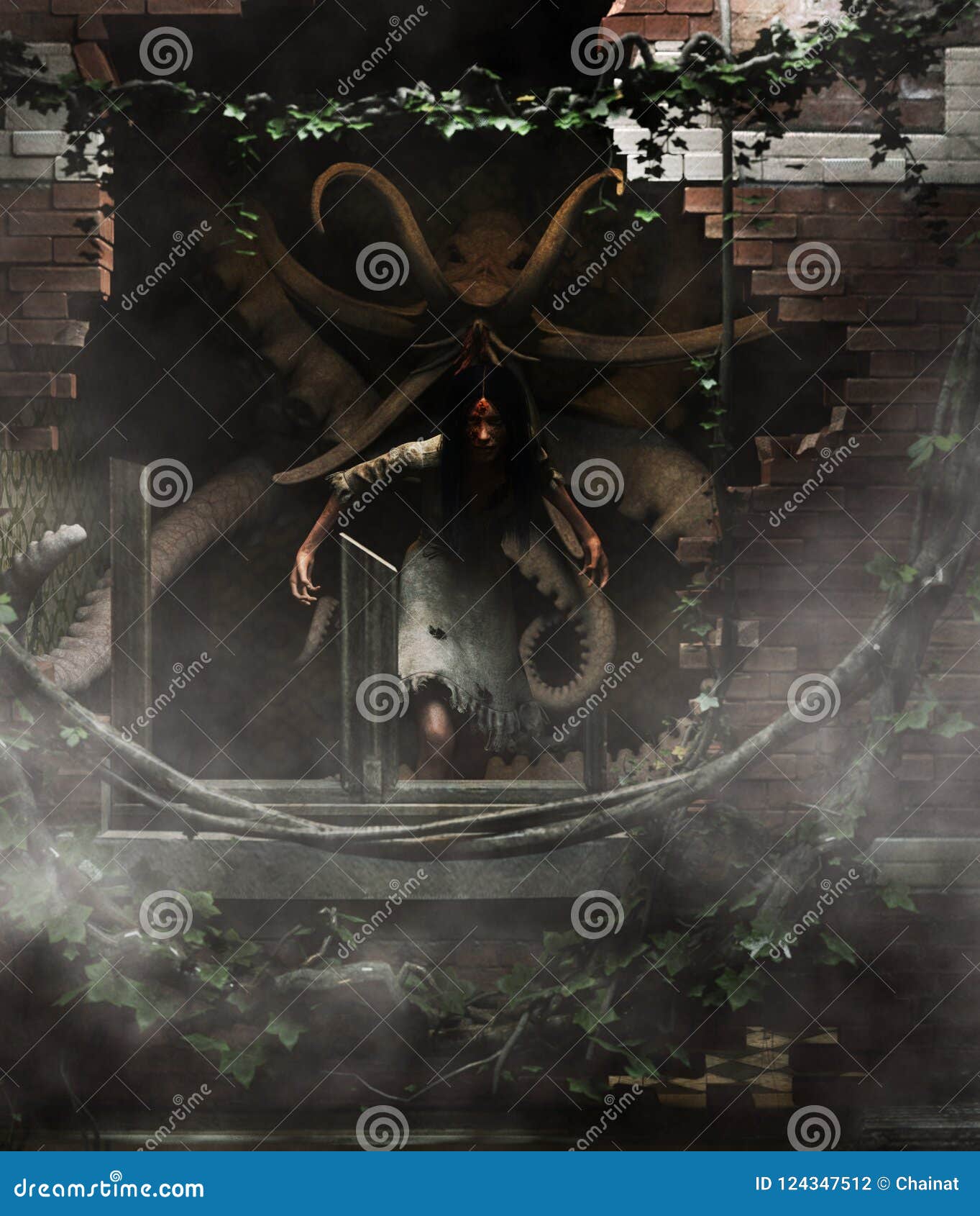 Devil and Monster in Haunted House Stock Illustration - Illustration of ...