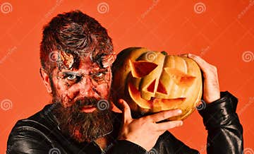 Devil with October Decorations. Demon with Horns and Evil Face Stock ...