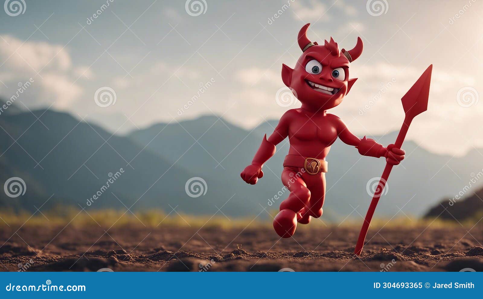 Devil in the Plains Red Devil with Trident in Cartoon Style Running on ...