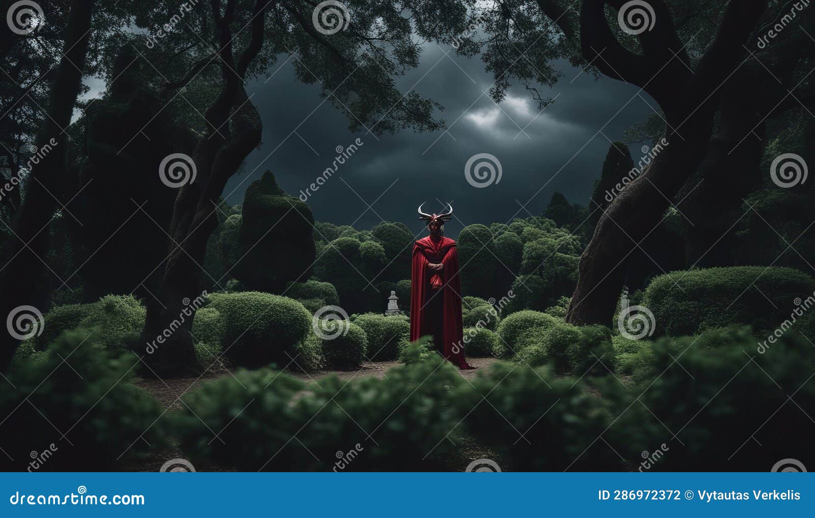 Devil in Red Cloak with Sword in the Forest. Halloween Concept Stock ...
