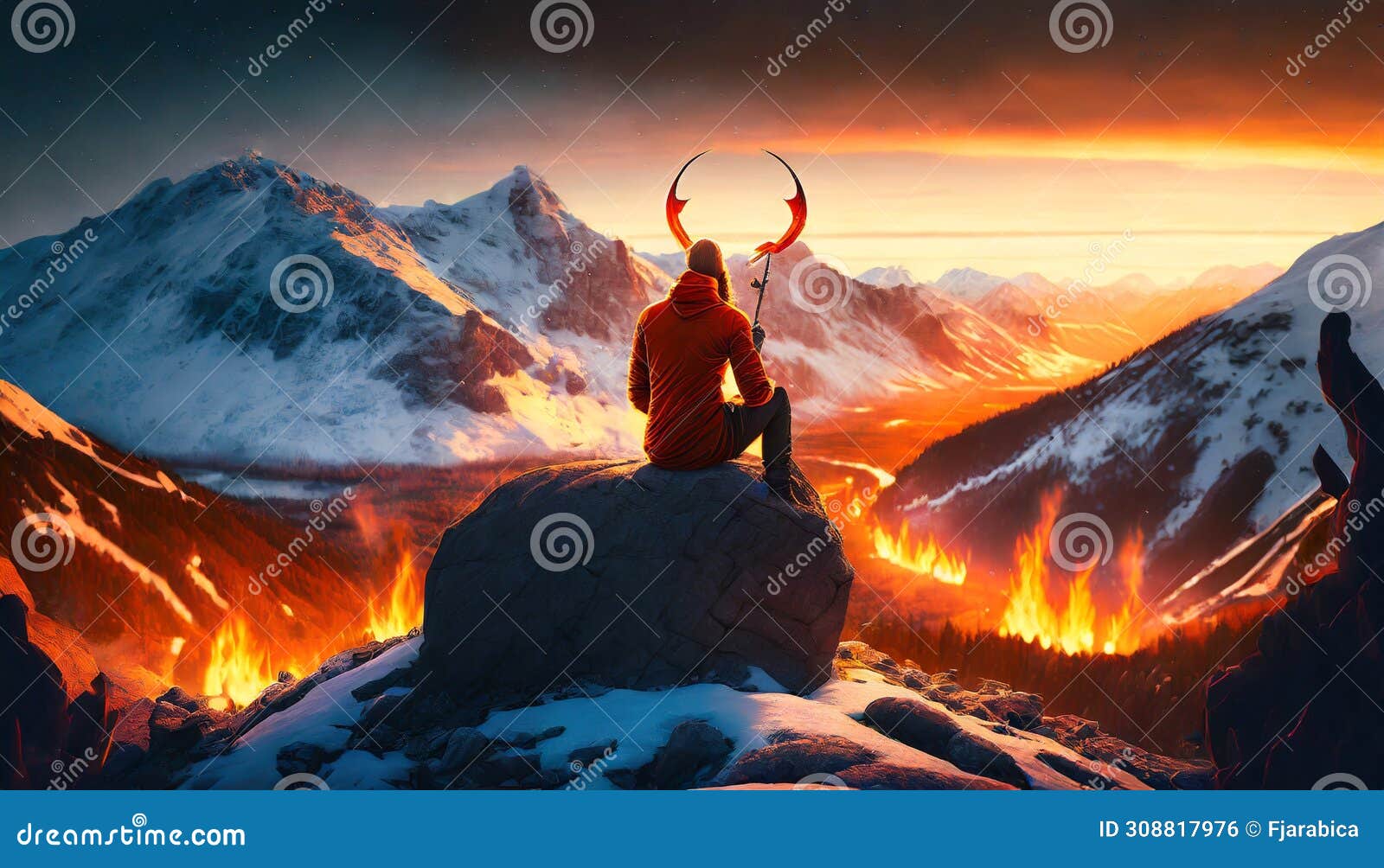 Devil Sitting on Snowy Rocks with Fire Stock Illustration ...