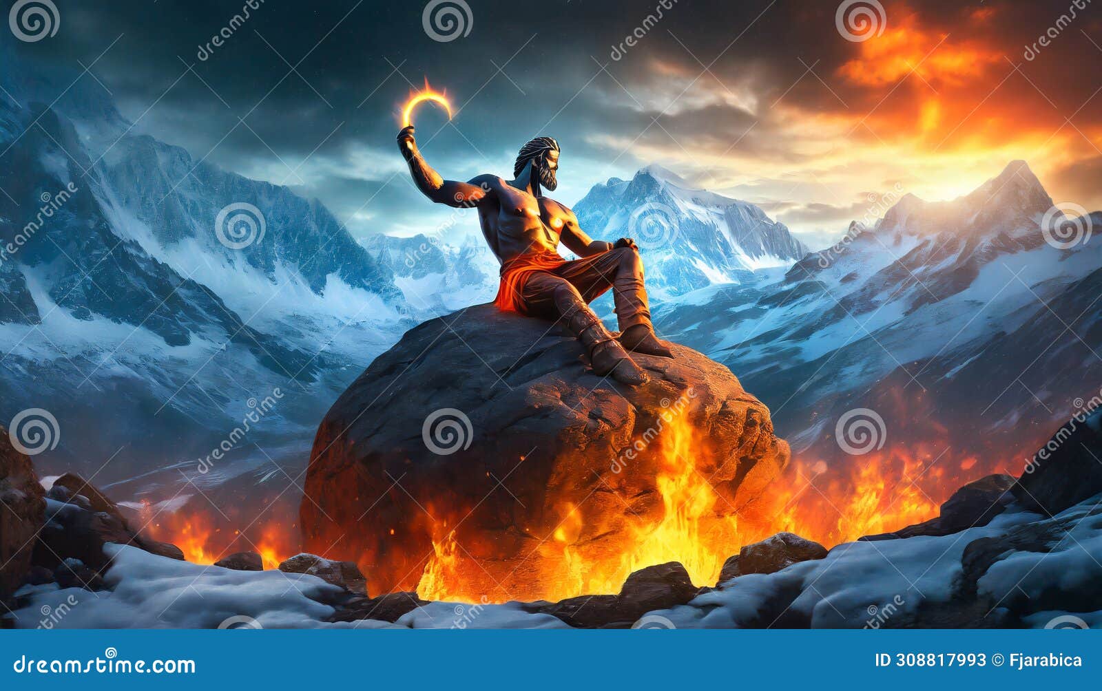 Devil Sitting on Snowy Rocks with Fire Stock Illustration ...