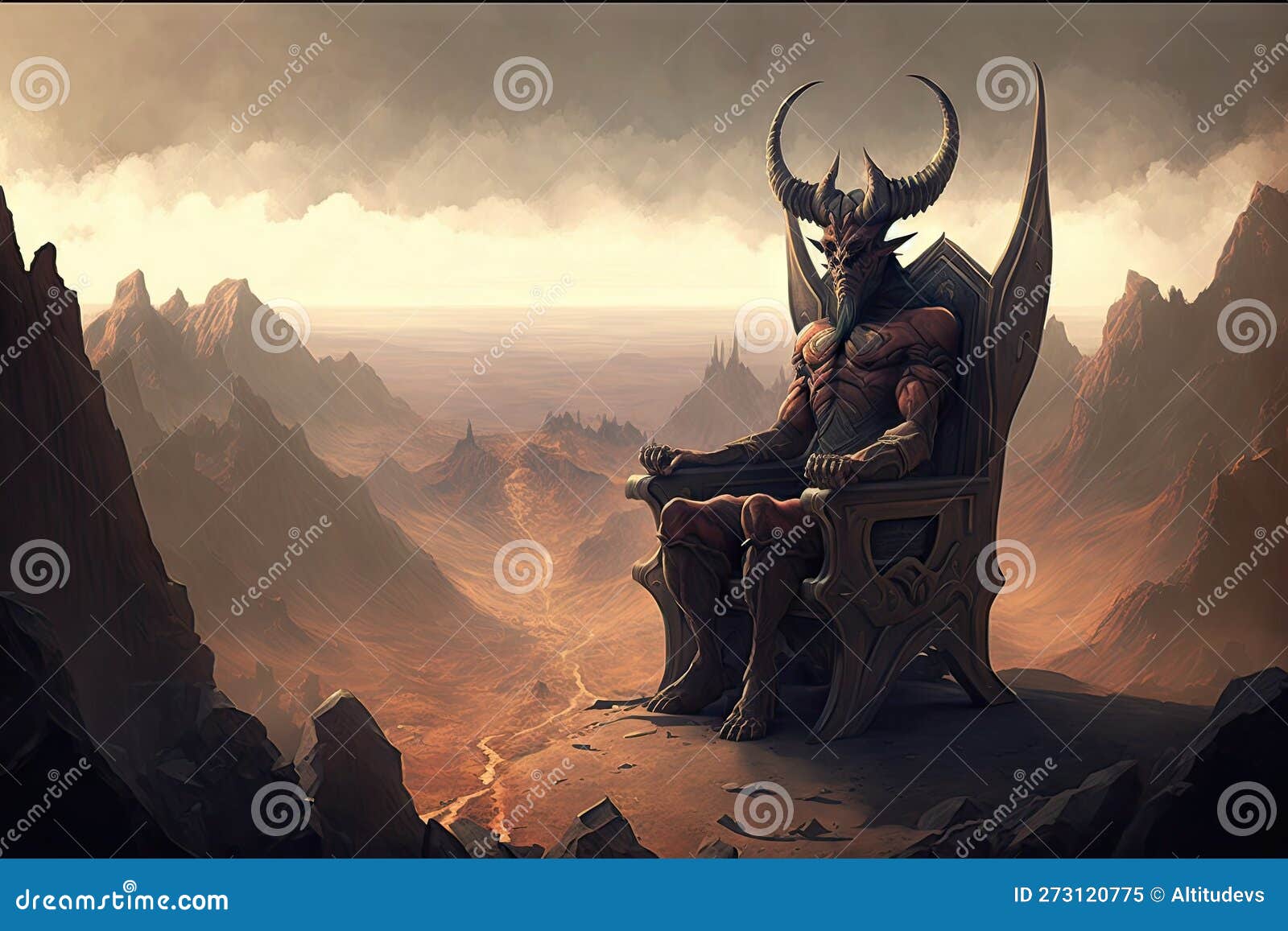 Devil, Sitting on Throne, with View of Hellish Landscape in the ...